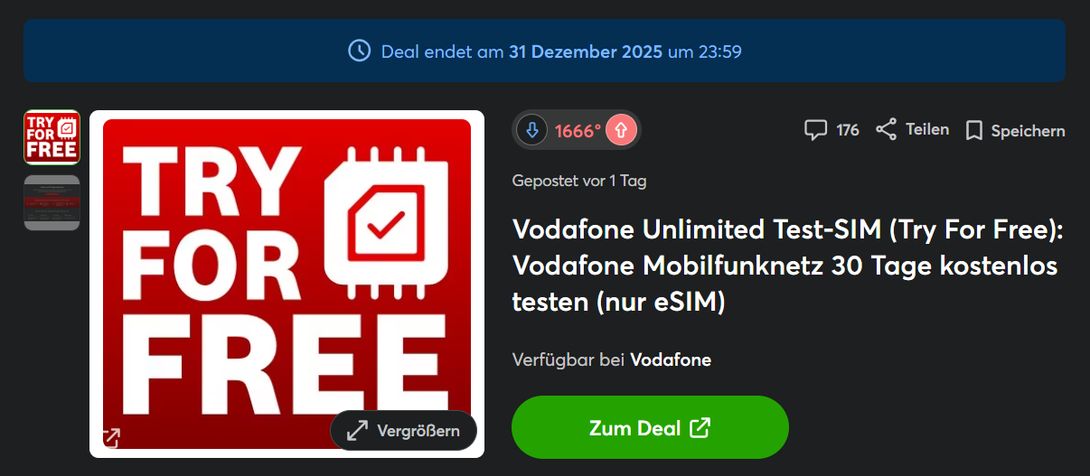 Vodafone Unlimited Test-SIM: 30 Tage kostenlos testen at Vodafone | mydealz
