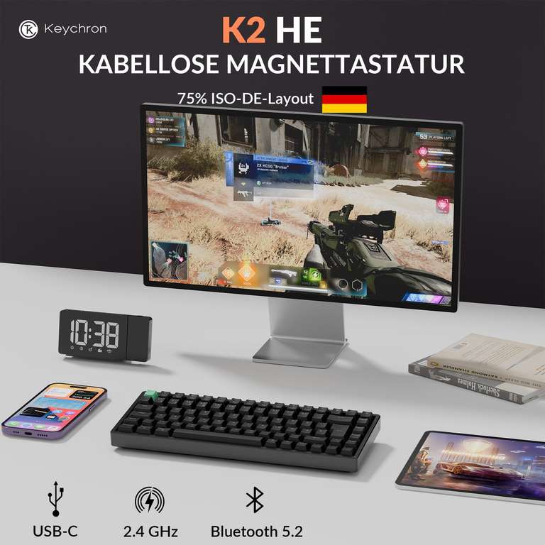 [Prime] Keychron K2 HE Tastatur mit Shine-Through Keycaps, 75% DE-ISO ...