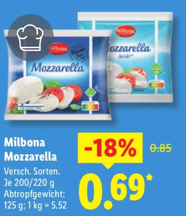 Milbona Mozzarella 200g für nur 0,69€ - verschiedene Sorten bei Lidl ...