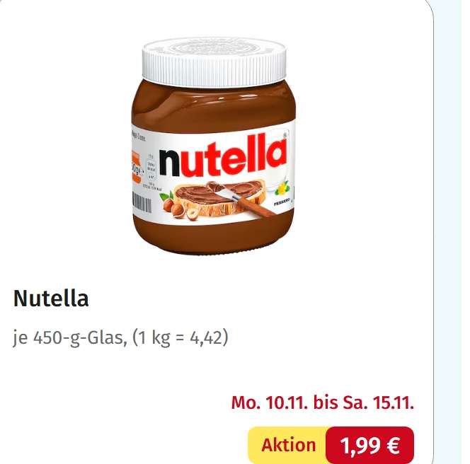 Nutella 450g für 1,99€ - kg 4,42€ bei REWE in deiner Nähe | mydealz