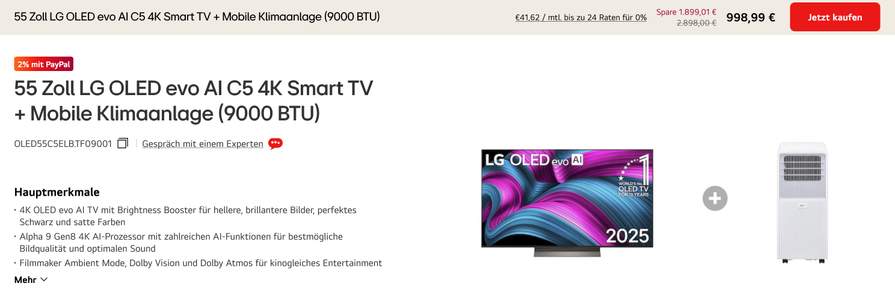 LG 55 C5 OLED TV + TF 9001 Klima – 691,96€ effektiv bei LG at LG