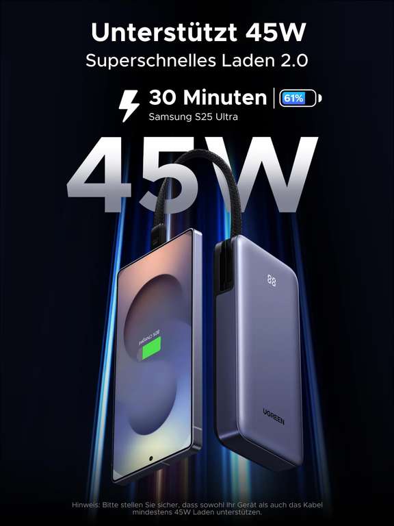 UGREEN 20000mAh Powerbank – 45W Zwei-Wege Schnellladen, integriertes ...