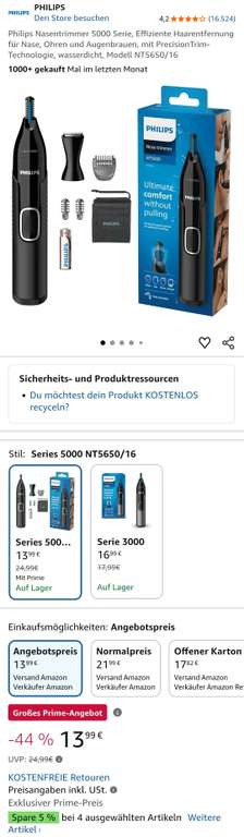 Philips Nasentrimmer 5000 NT5650/16 – wasserdicht, Nase/Ohren ...