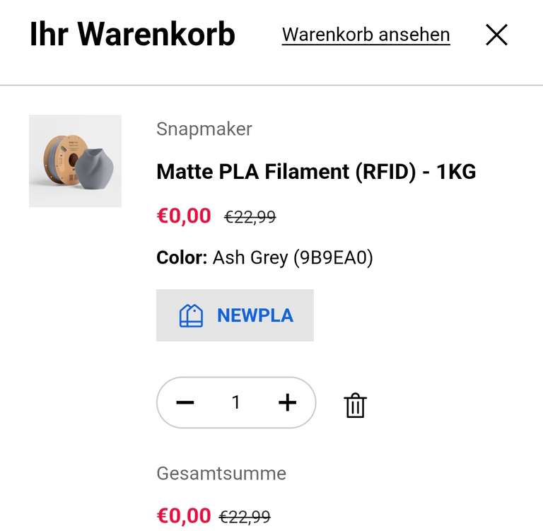 Snapmaker Matte PLA 1kg mit RFID – Versand nur 12€ bei Snapmaker at ...