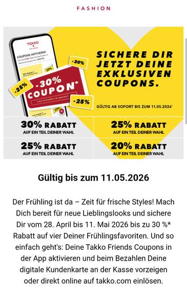Takko Friends Rabatt: 30% + 2x25% + 20% Coupon – at Takko, Preis 21,00 ...
