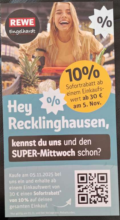 10% Rabatt auf Einkauf ab 30€ heute in Recklinghausen at REWE | mydealz