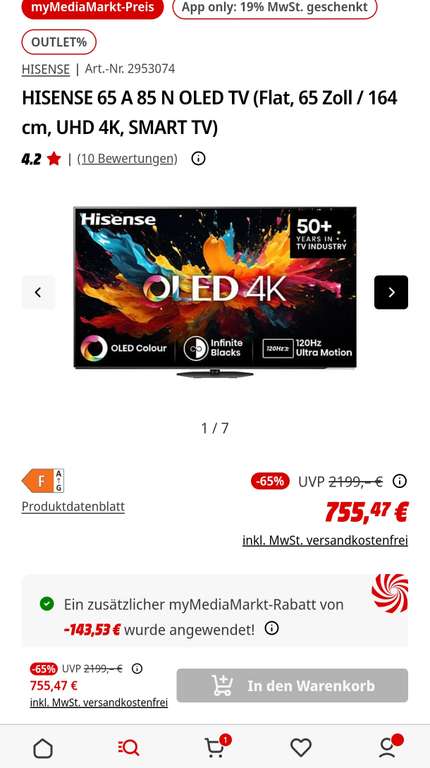 HISENSE 65 A 85 N OLED TV (Flat, 65 Zoll / 164 cm, UHD 4K, SMART TV ...