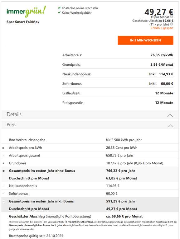 Stromtarif Spar Smart FairMax für 2.500 kWh nur 591,29 € at VERIVOX ...