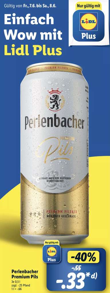 Perlenbacher Pils Bier für nur 33 Cent pro Dose bei Lidl Plus | mydealz