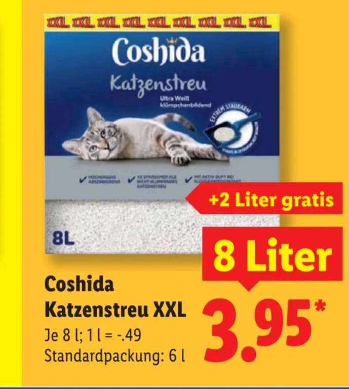 Coshida Katzenstreu XXL Ultraweiß 6+2L für nur 3,95€ bei Lidl | mydealz
