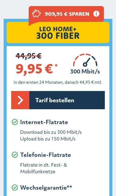 LEONET LEO HOME+ 300 Mbit/s für nur 9,95€/Monat, 24 Monate at | mydealz