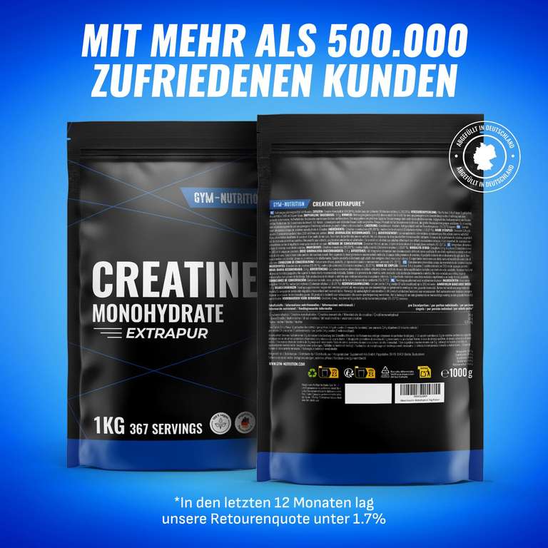 Creatin Monohydrat Pulver 1kg / 1000g - Ultra Reines Kreatin mit Inulin ...